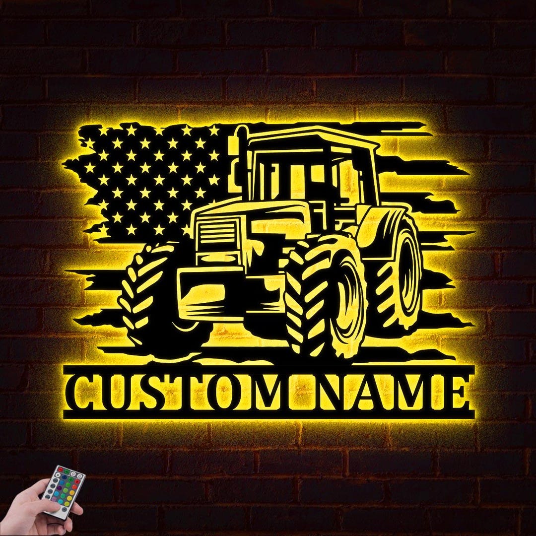 Custom Name US Tractor Led Lights Metal Wall Art, Personalized Farm ...