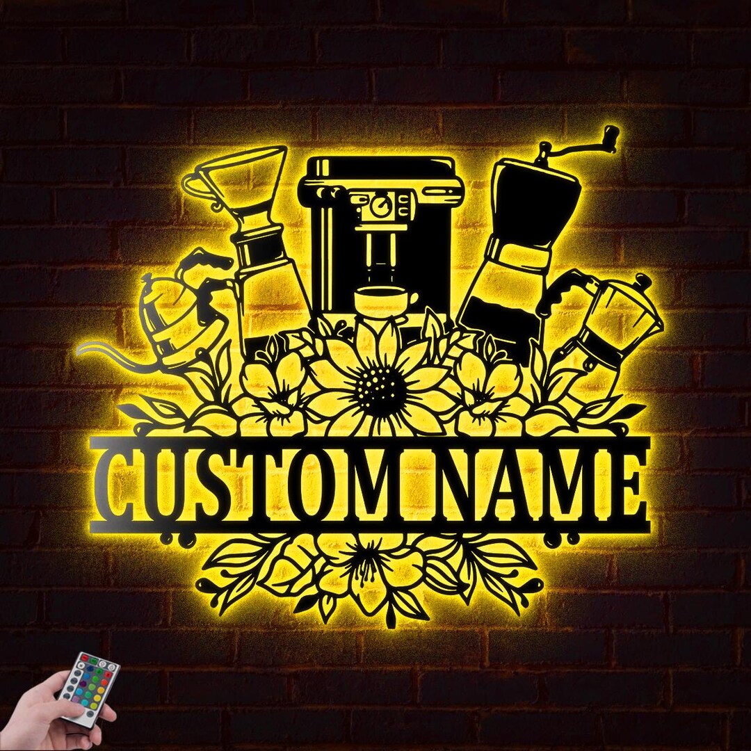 Custom Coffee Maker Metal Wall Art LED Light Personalized Coffee Room ...
