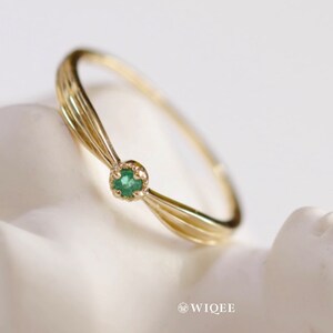 9K Solid Gold Emerald Green Gemstone Stackable Thin Band Dainty Ring, Retro Minimalist Gemstone ...