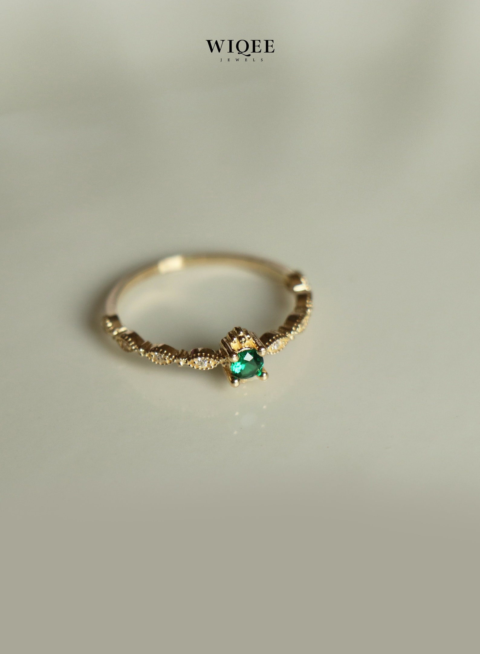 9K Solid Gold Emerald Green Gemstone Stackable Thin Band Dainty Ring ...