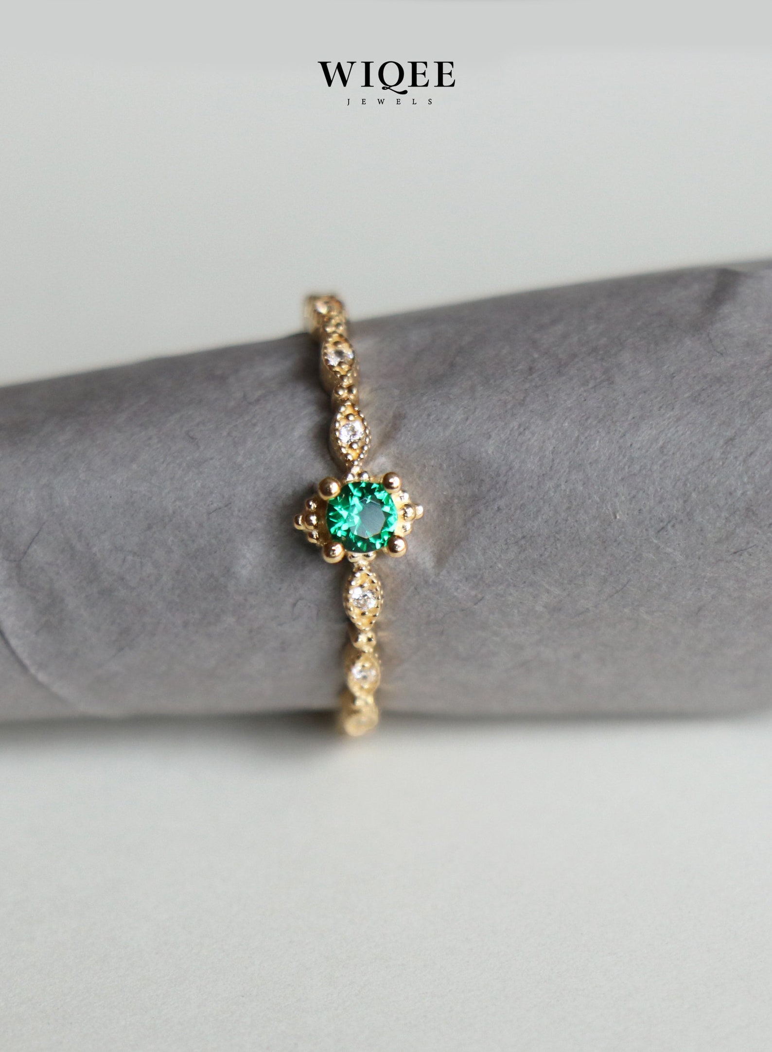 9K Solid Gold Emerald Green Gemstone Stackable Thin Band - Etsy