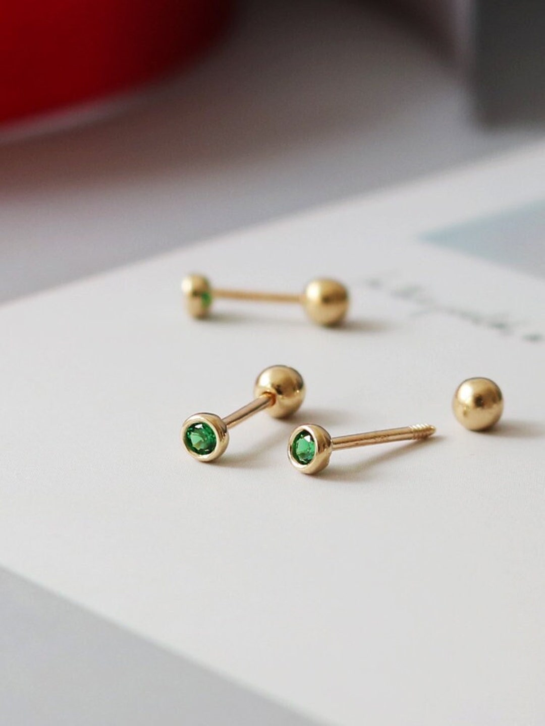 10K Solid Gold Emerald Green Gemstone Tiny Stud Earrings, 10K Real Gold Emerald Ball End ...