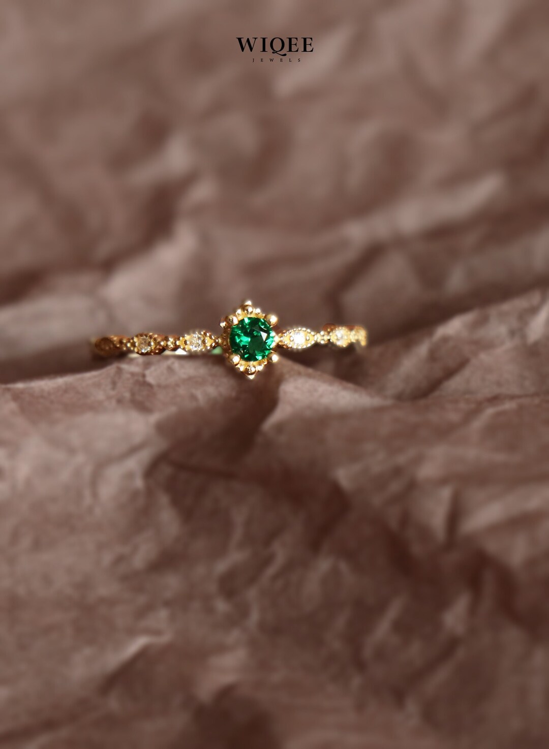 9K Solid Gold Emerald Green Gemstone Stackable Thin Band Dainty Ring, Retro Minimalist Gemstone ...