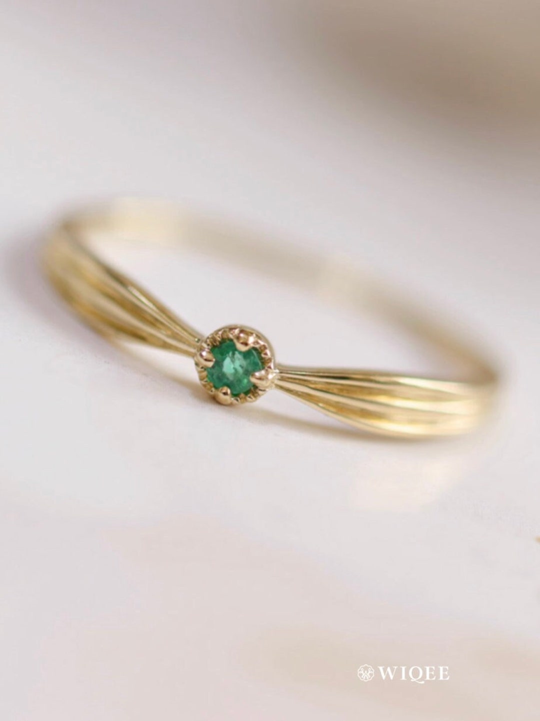 9K Solid Gold Emerald Green Gemstone Stackable Thin Band Dainty Ring ...