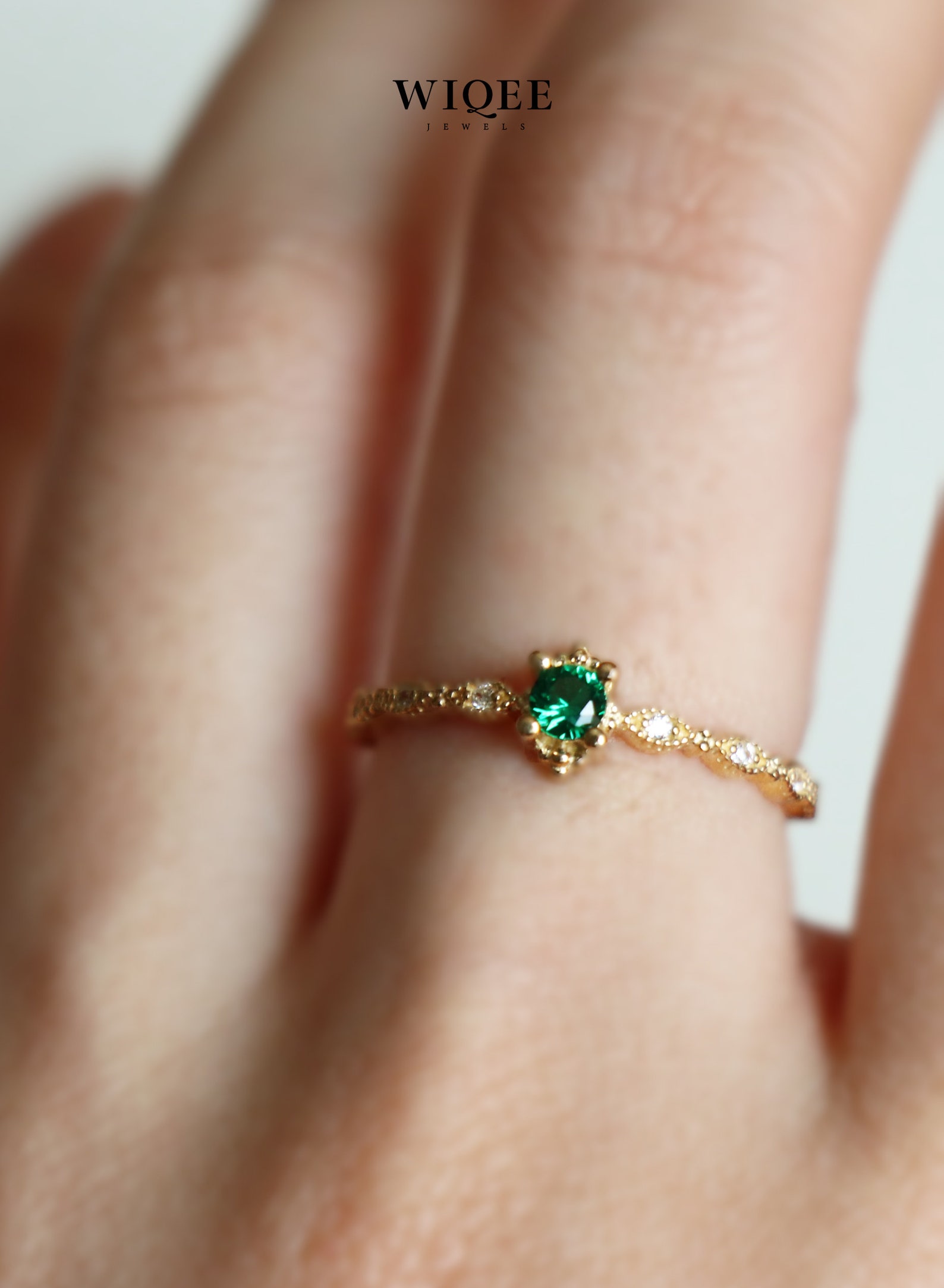 9K Solid Gold Emerald Green Gemstone Stackable Thin Band Dainty Ring ...