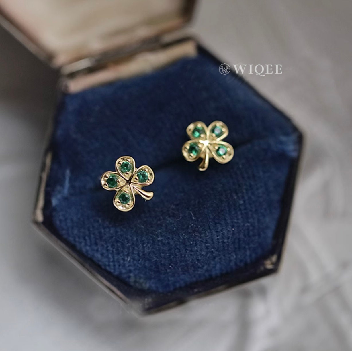 14K Solid Gold Four Leaf Clover Stud Earrings, Emerald Green Earrings ...
