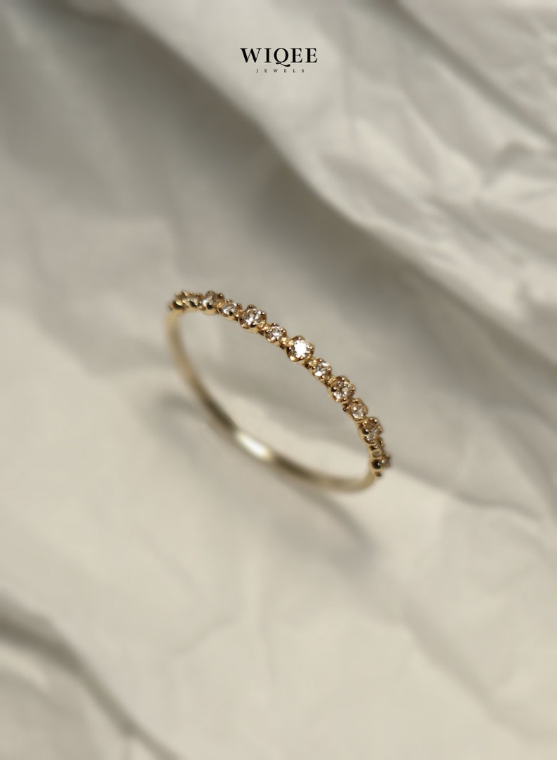 9K Solid Gold Thin Band Ring, Dainty Cubic Zirconia Stacking Ring - Etsy