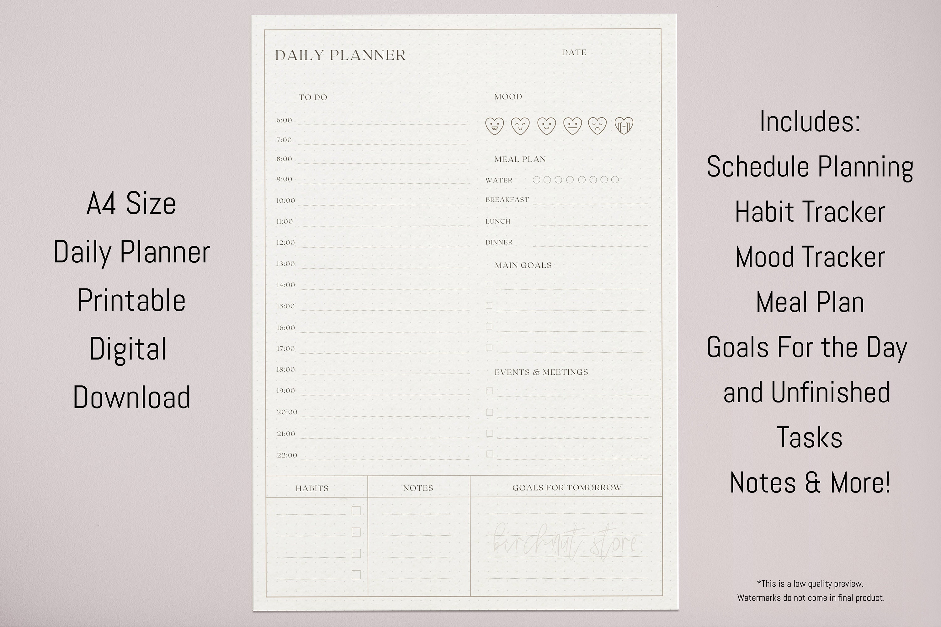 Minimalistic Daily Planner A4 Printable Template Mood - Etsy