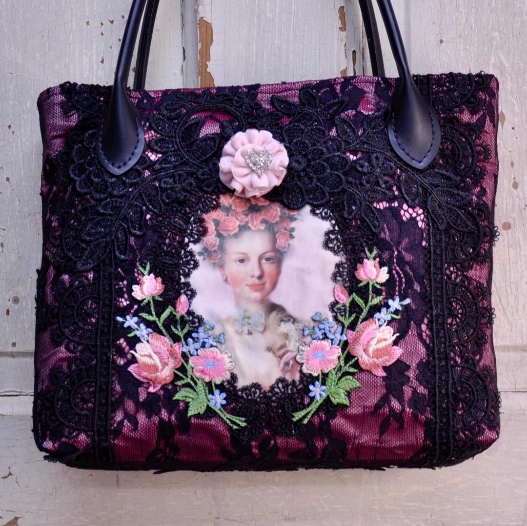 Shabby Chic Marie Antoinette Handbag: Pink Satin, Black Lace. Pink ...