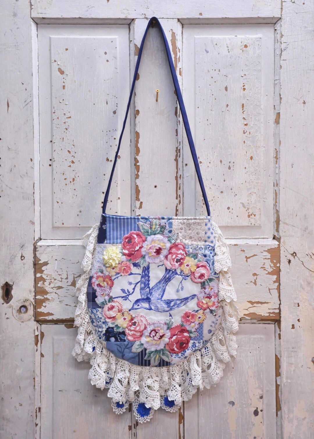Handmade Shabby Chic Patchwork Shoulder Bag: Floral Appliques, Blue ...