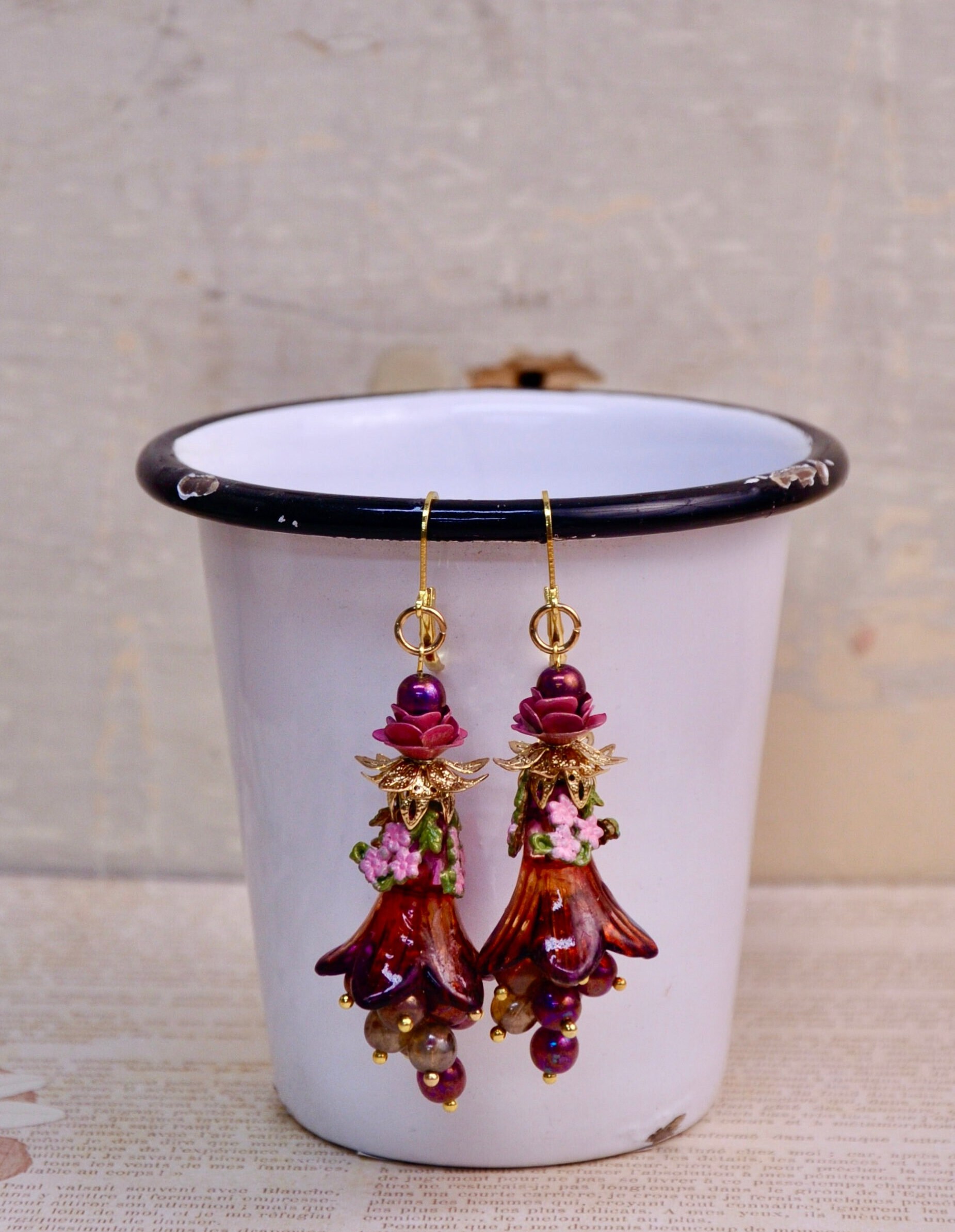 Purple, Pink and Orange Trumpet Flower Drop/dangle Earrings. With Hand ...