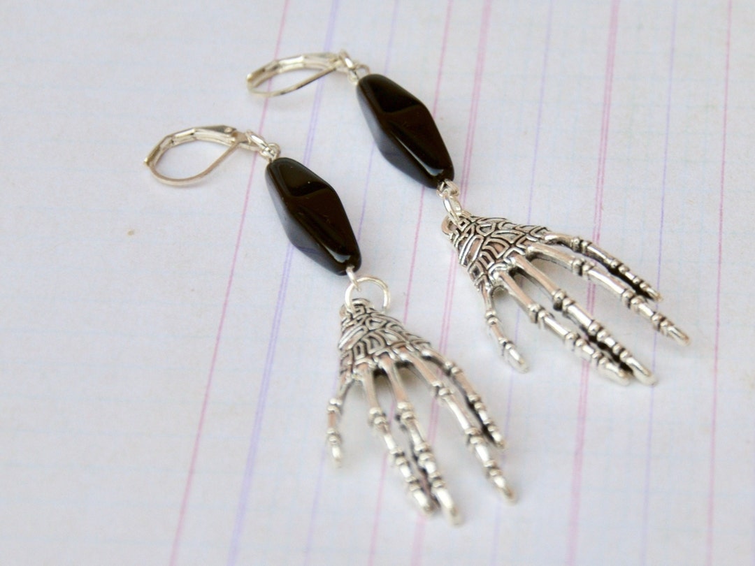 Halloween, Gothic, Silver Skeleton Hand Earrings With A Jet Black ...