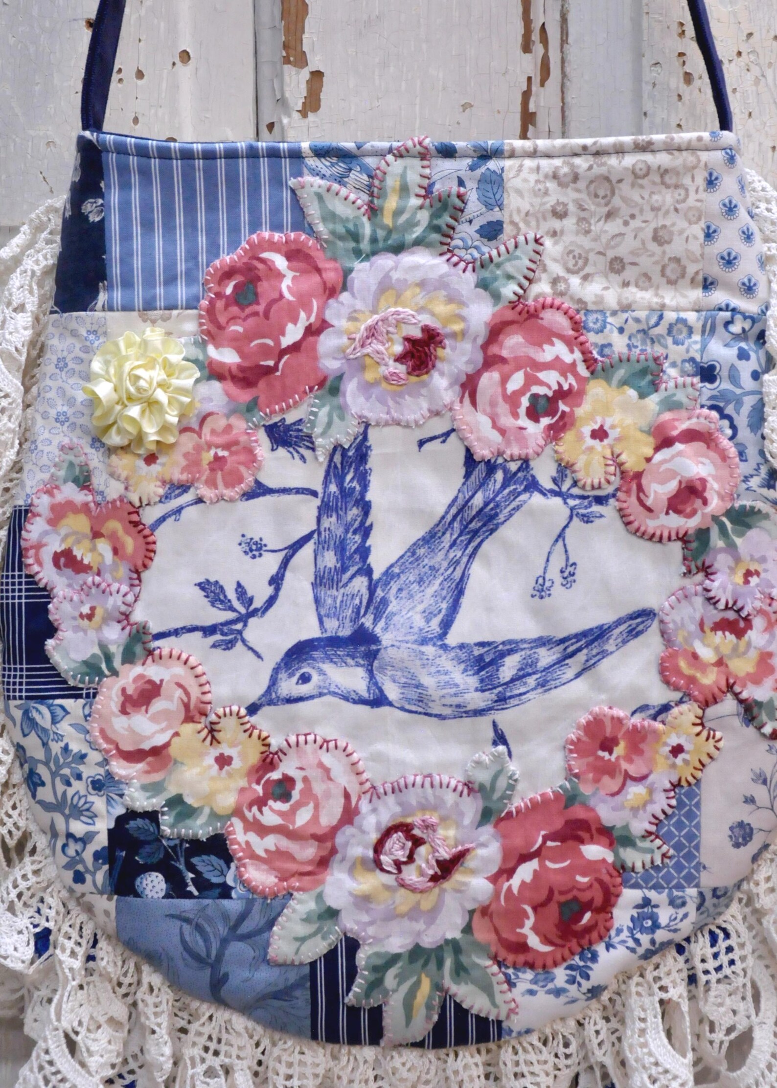Handmade Shabby Chic Patchwork Shoulder Bag: Floral Appliques, Blue ...