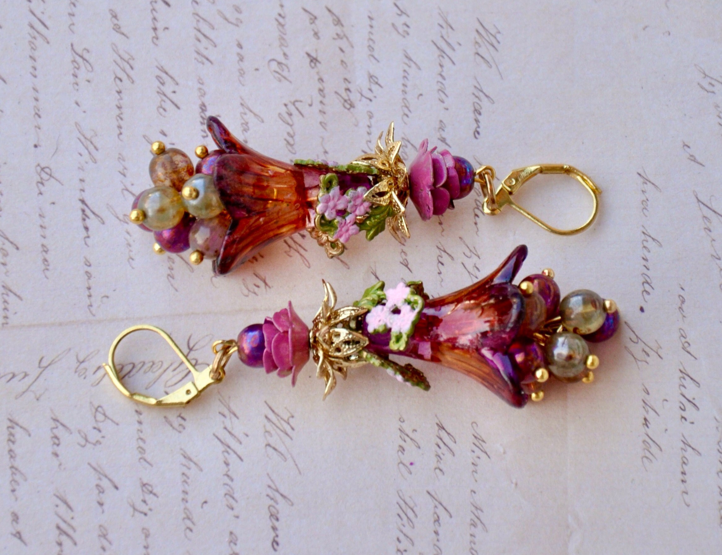 Purple, Pink and Orange Trumpet Flower Drop/dangle Earrings. With Hand ...