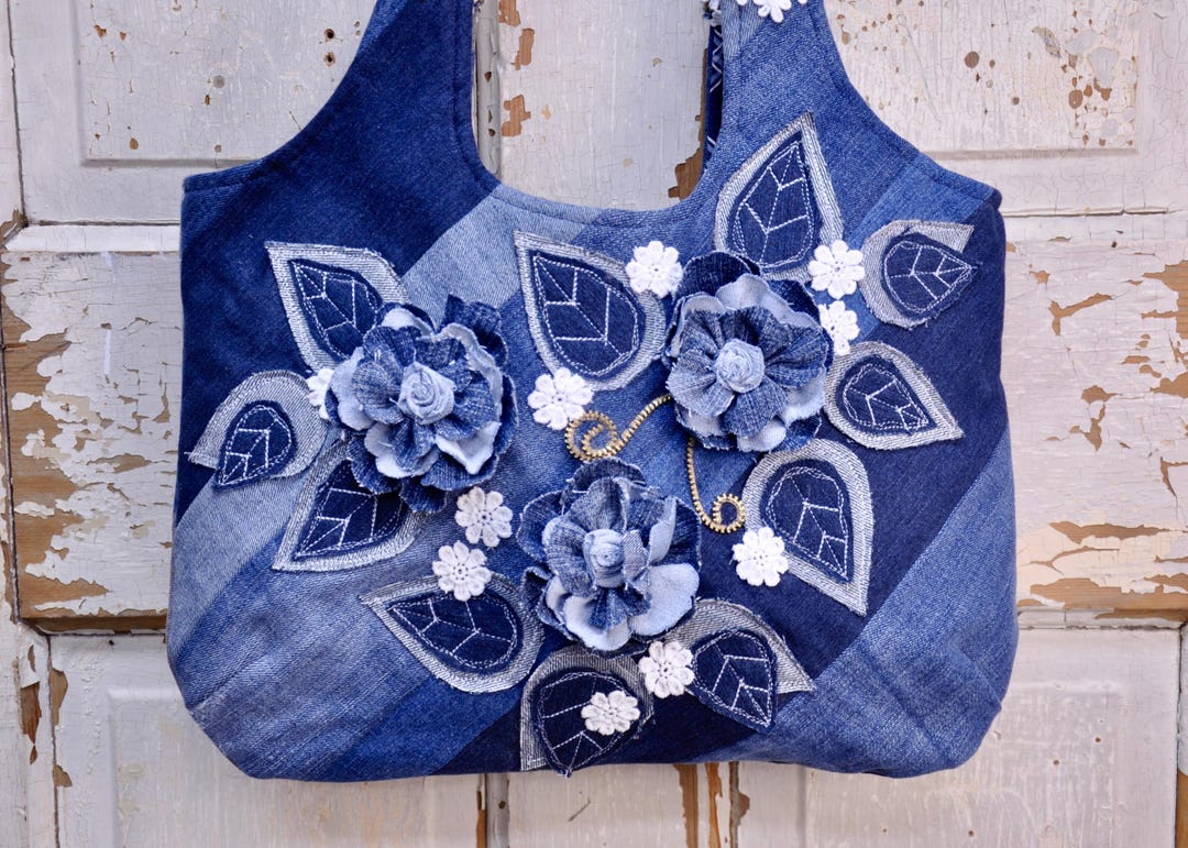Recycled Floral Denim Patchwork Handbag/purse. Made With Handmade Denim ...