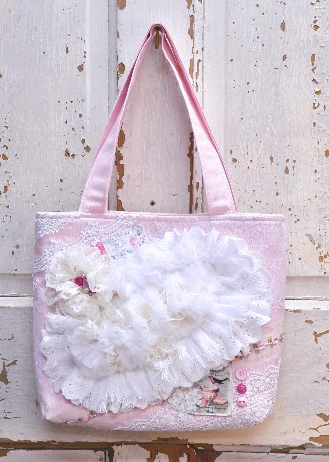Handmade Shabby Chic Pink Handbag. White Lace, Paris Graphics, Vintage ...