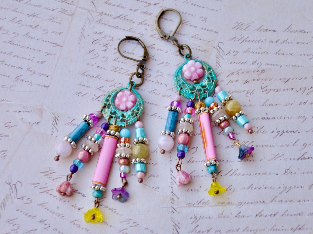 Boho Beaded Drop/dangle Earrings Made With A Round Verdigris Connector ...