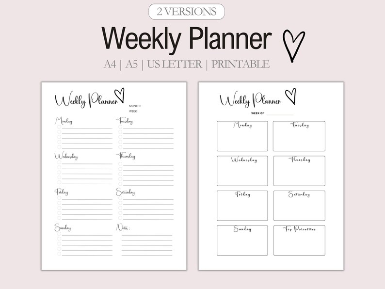 Weekly Planner Printable Seven Day Planner Instant Download - Etsy