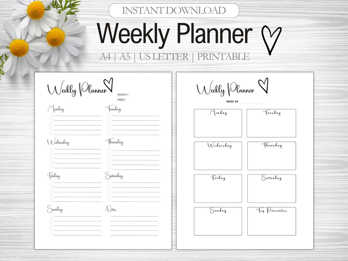 Weekly Planner Printable, Seven Day Planner, Instant Download, A4, A5 ...