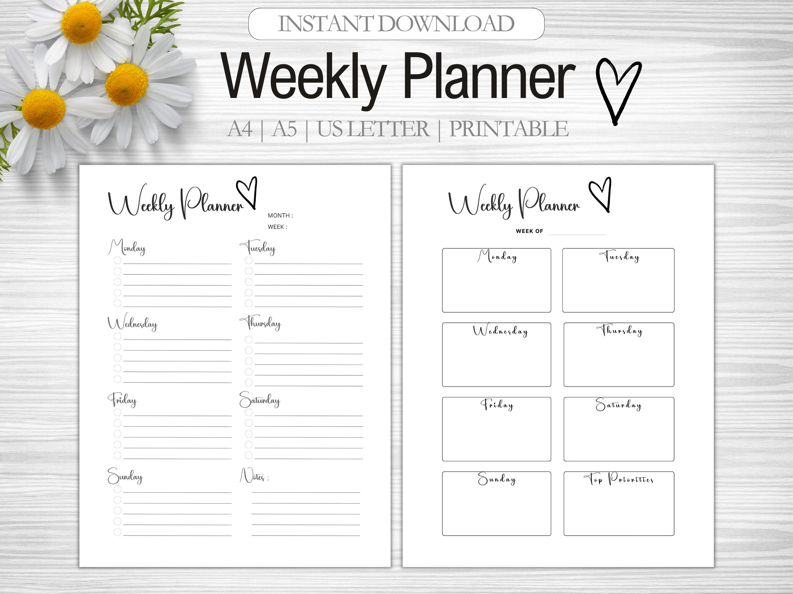 Weekly Planner Printable, Seven Day Planner, Instant Download, A4, A5 ...
