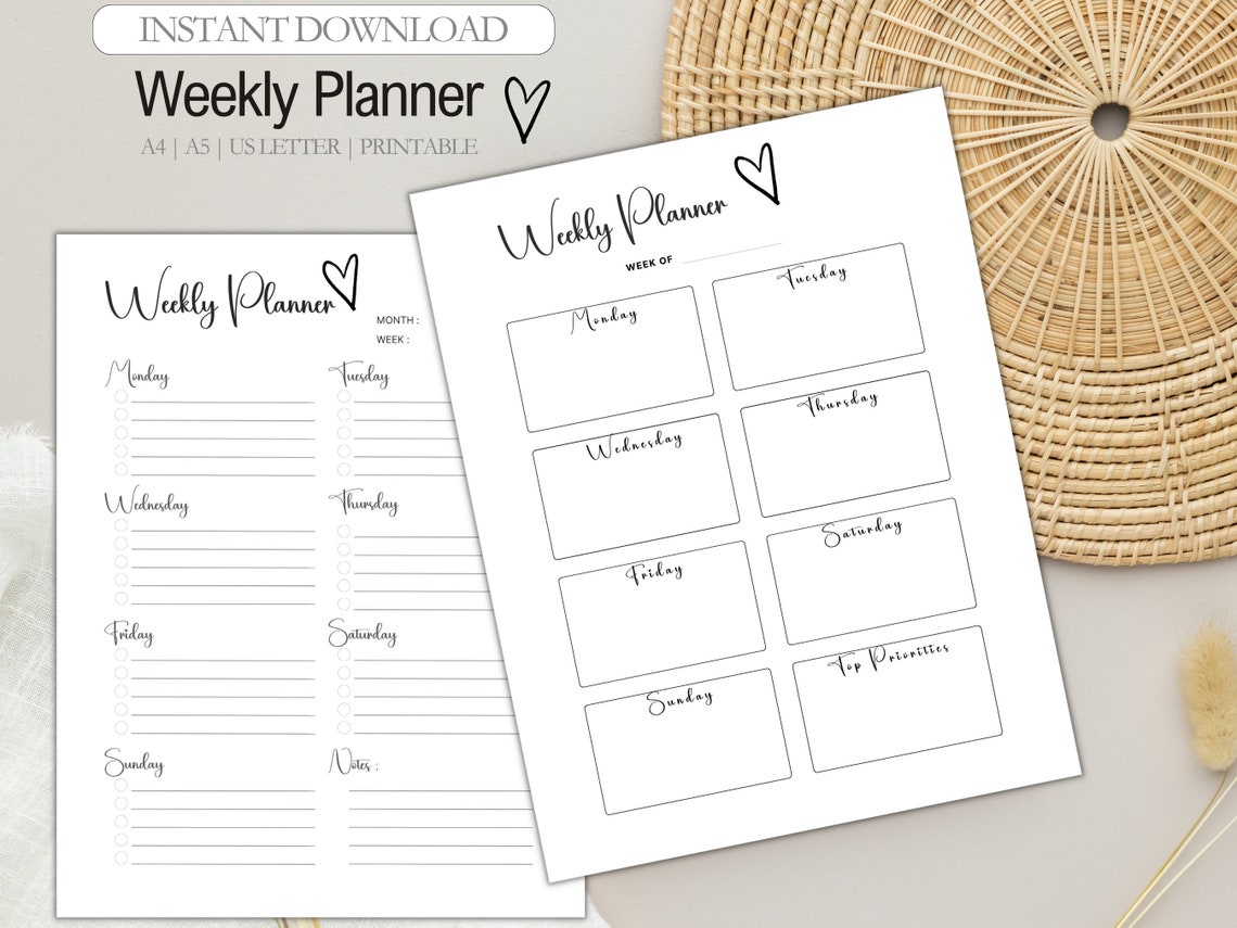 Weekly Planner Printable, Seven Day Planner, Instant Download, A4, A5 ...