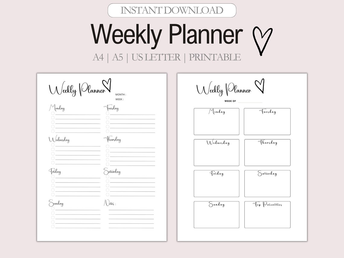 Weekly Planner Printable, Seven Day Planner, Instant Download, A4, A5 ...