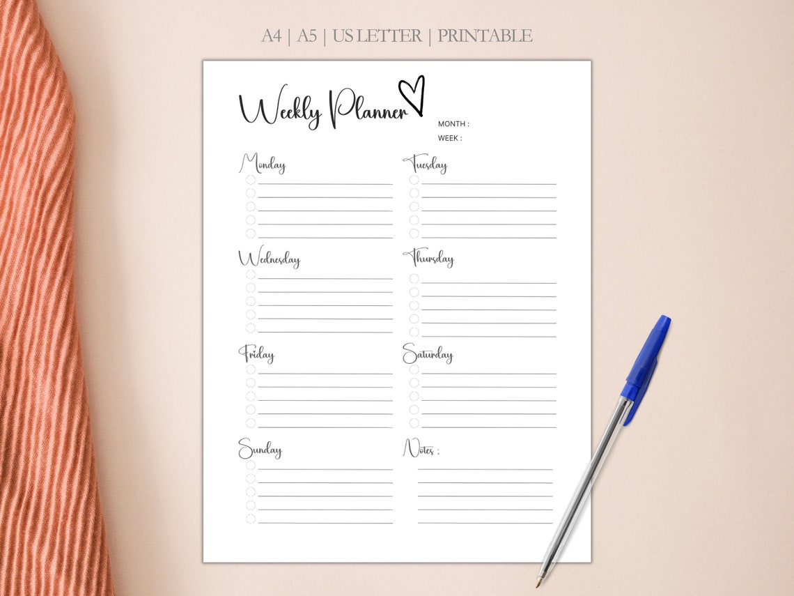 Weekly Planner Printable, Seven Day Planner, Instant Download, A4, A5 ...