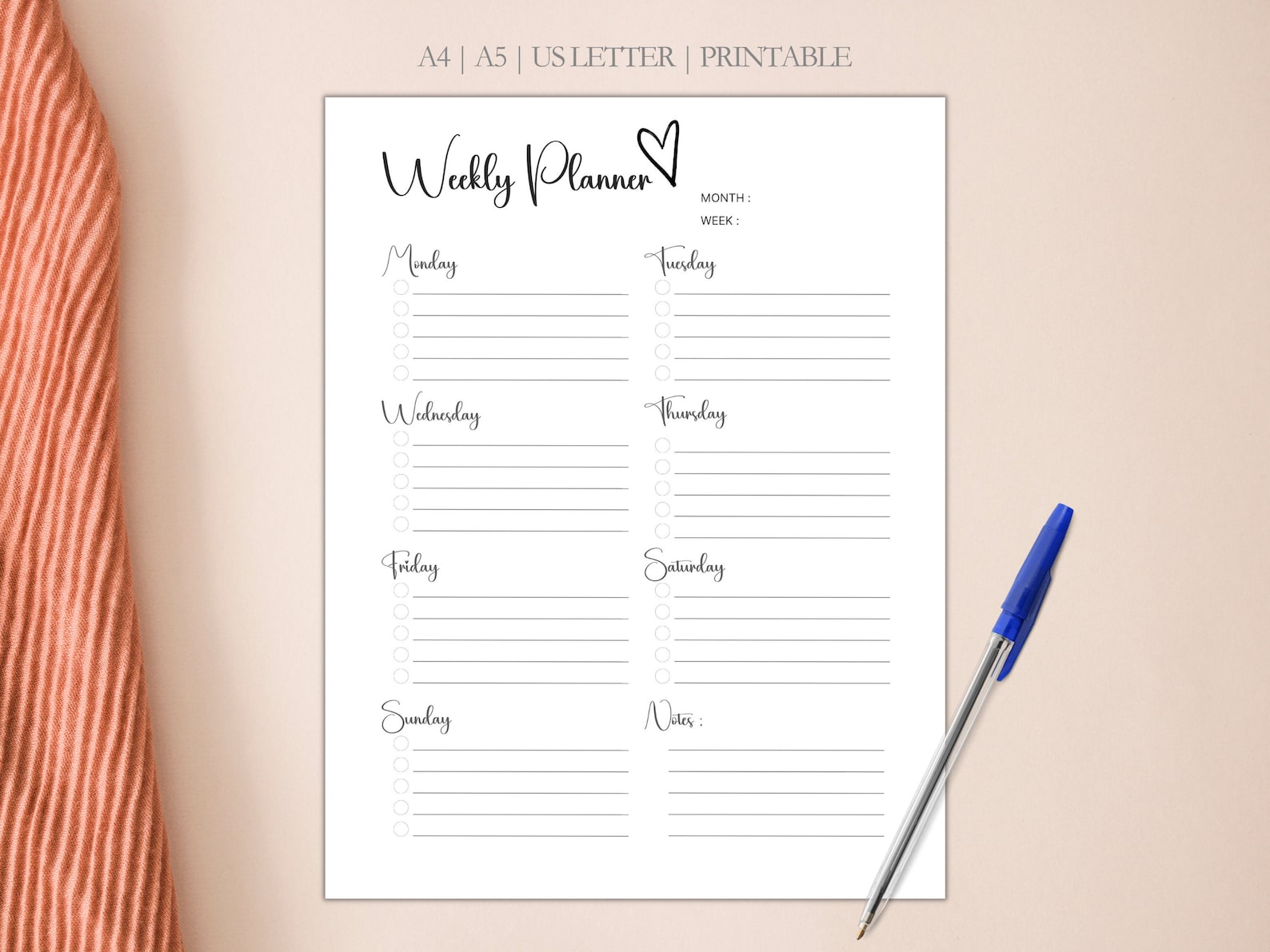 Weekly Planner Printable, Seven Day Planner, Instant Download, A4, A5 ...