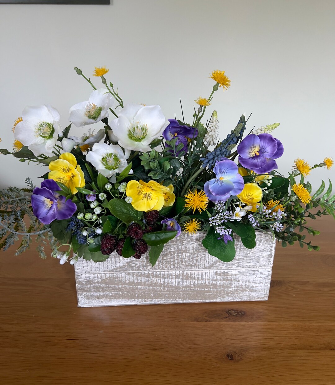 Artificial Flower Arrangement in Wooden Rustic White Box | Pansies ...