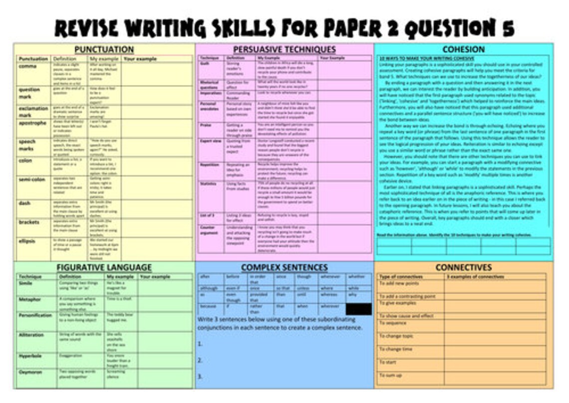 English Language Paper 1 Question 5 Helpsheets - Etsy