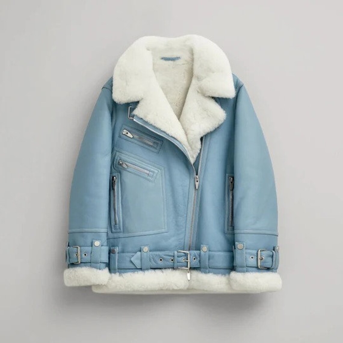 Women Light Blue B3 RAF Aviator Styled Sheepskin Shearling Leather ...