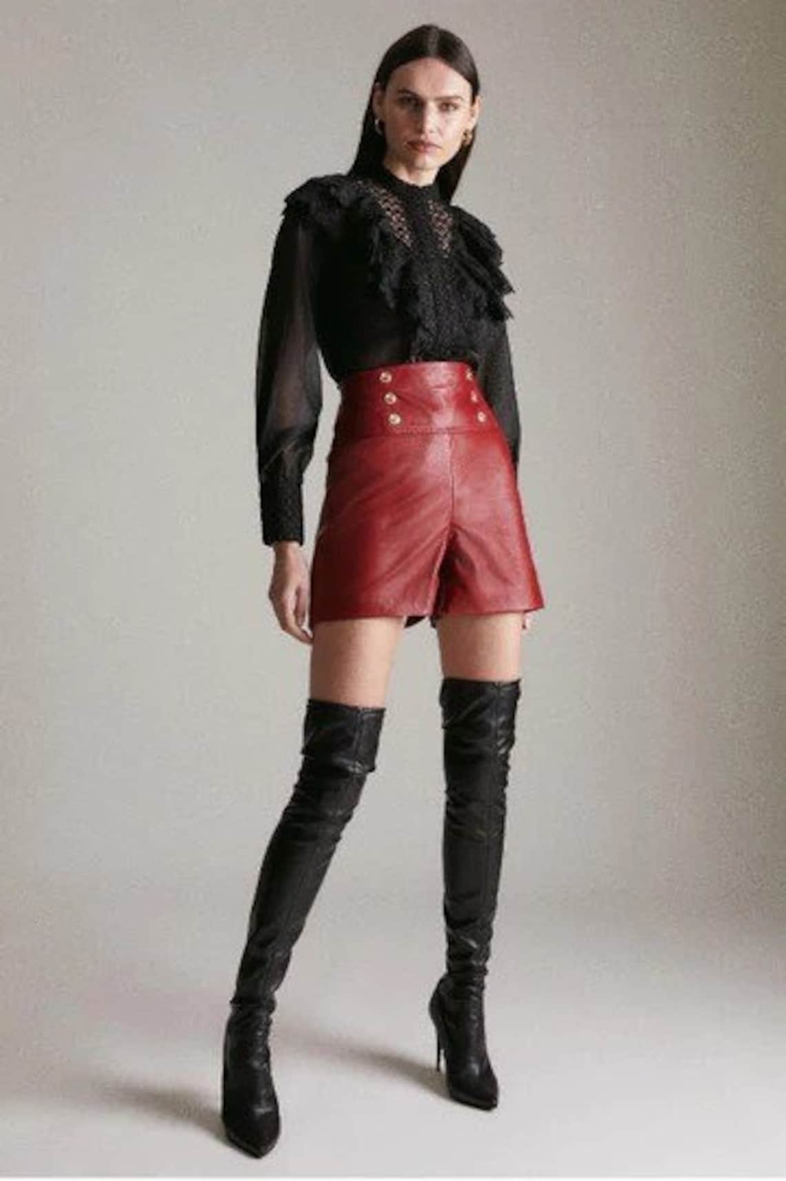Women's Red High Waist Military Button Leather Shorts - Etsy