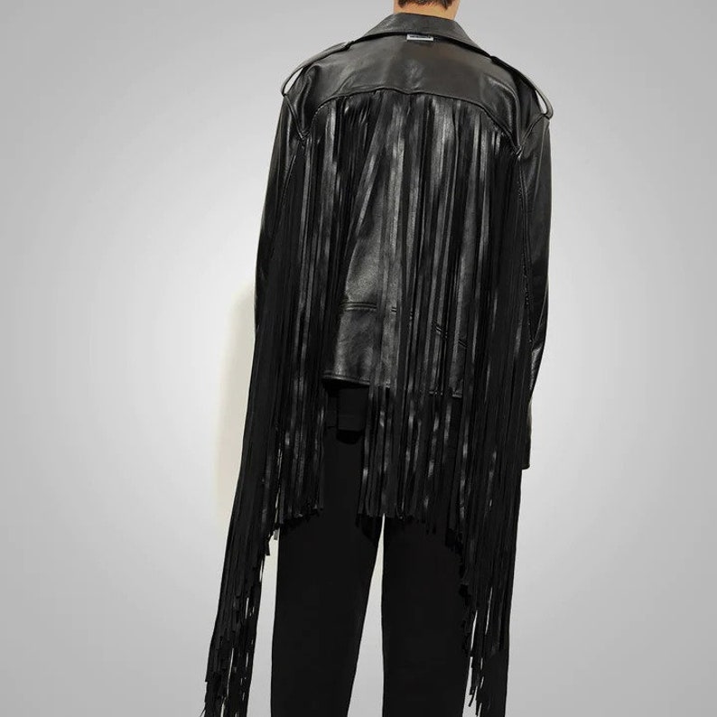 Mens Black Leather Motorcycle Cowboy Fringed Jacket - Etsy