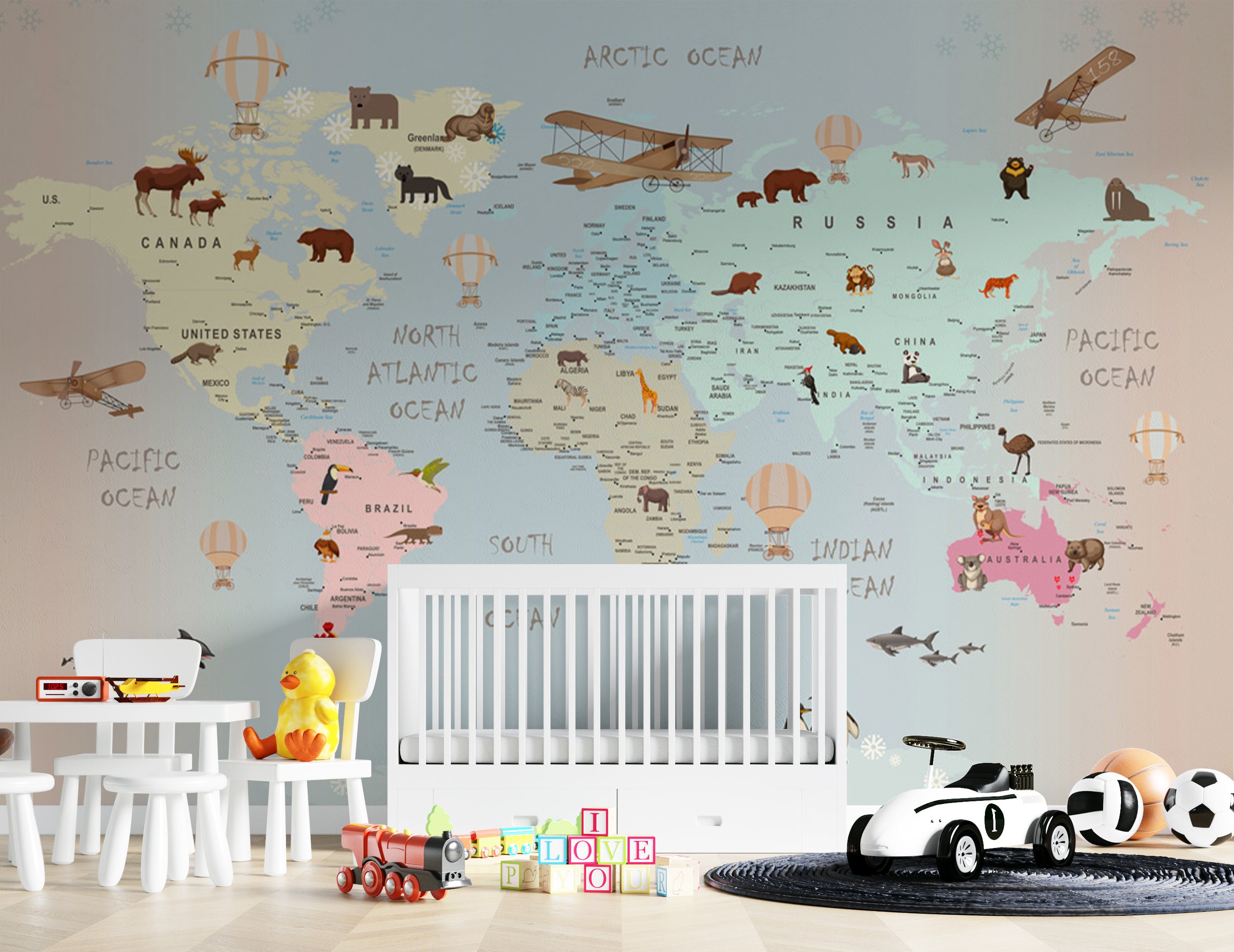 Kids World Map With Animals, Custom Design Wallpaper, Kids World Map ...