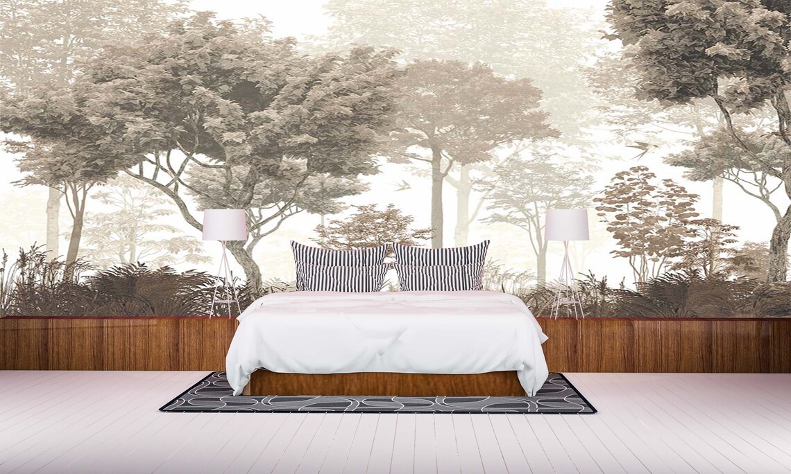 Vintage Style Forest Tree Landscape Wall Mural Wallpaper Removable ...