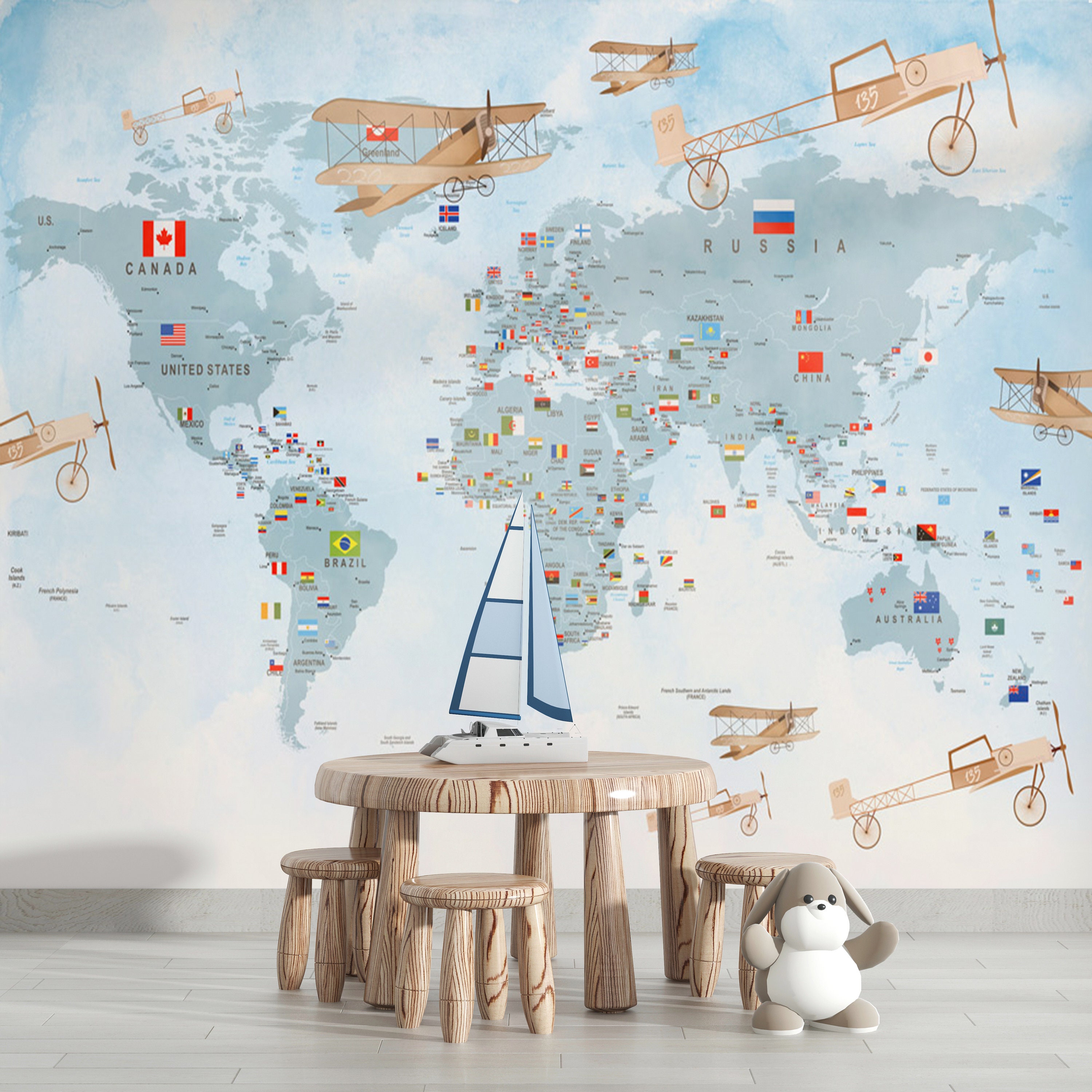 Child Map Wallpaper Removable World Map Wall Mural Country Flags ...