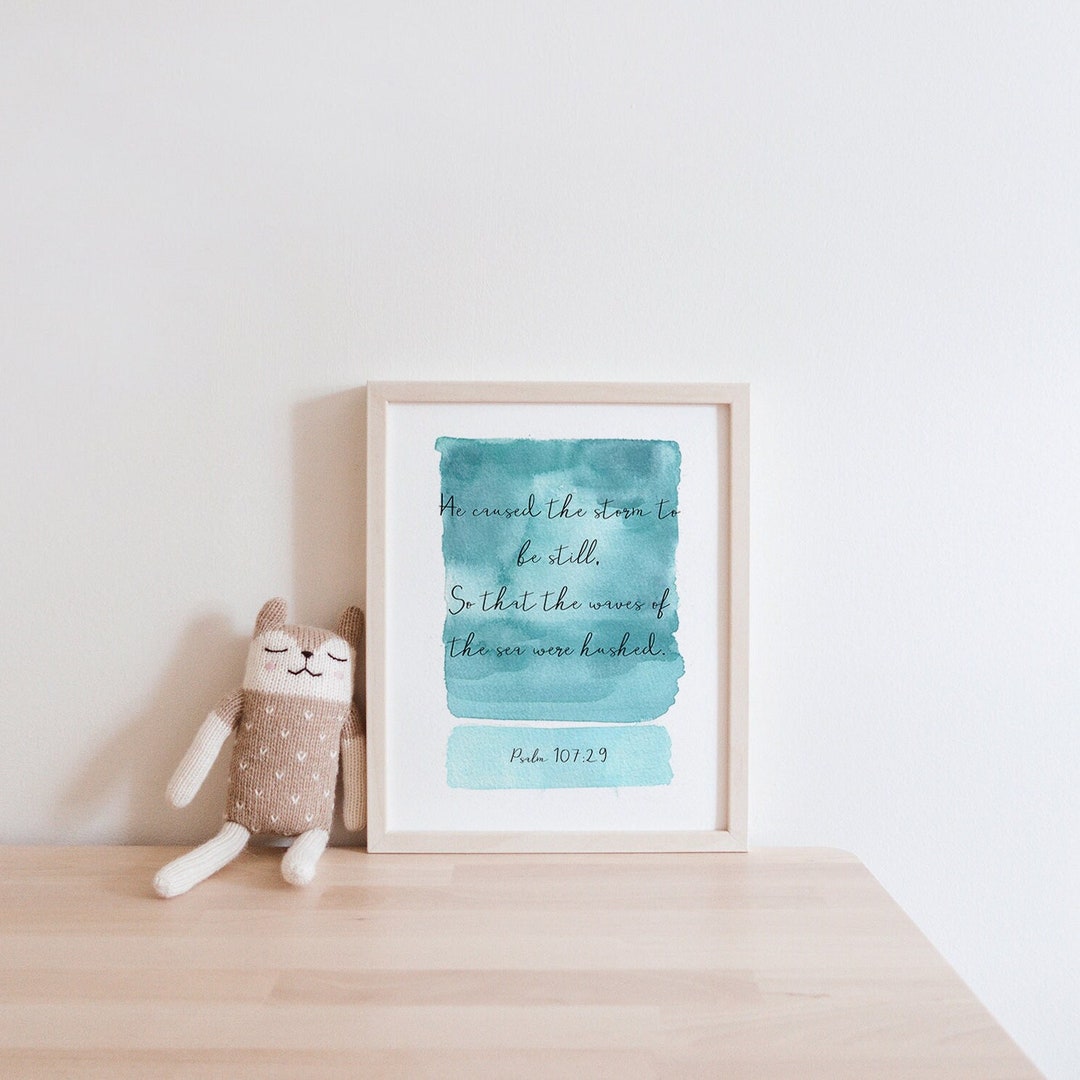 Psalm 107.29 Bible Verse Watercolor Digital Art, Waves Ocean Quote ...