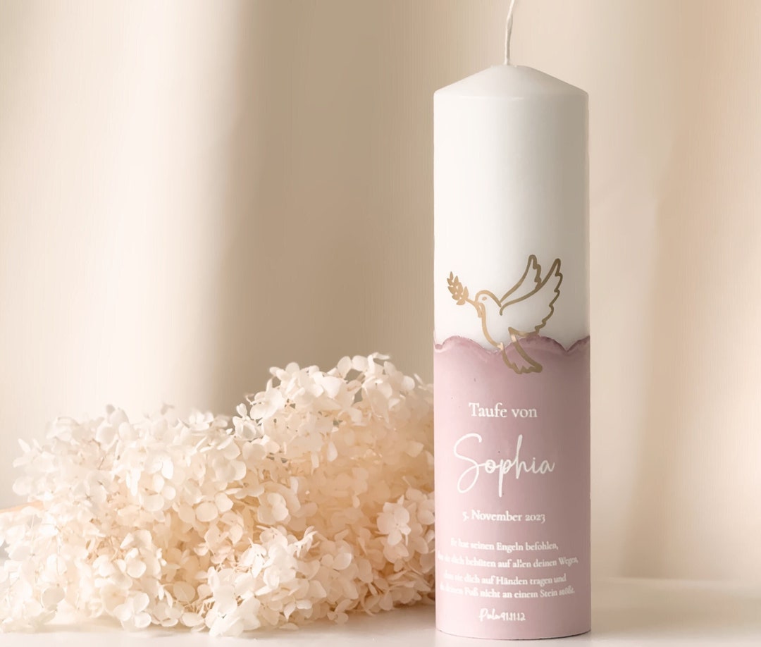 Personalized "dove" Baptism Candle for Girls and Boys in Pink and Other ...