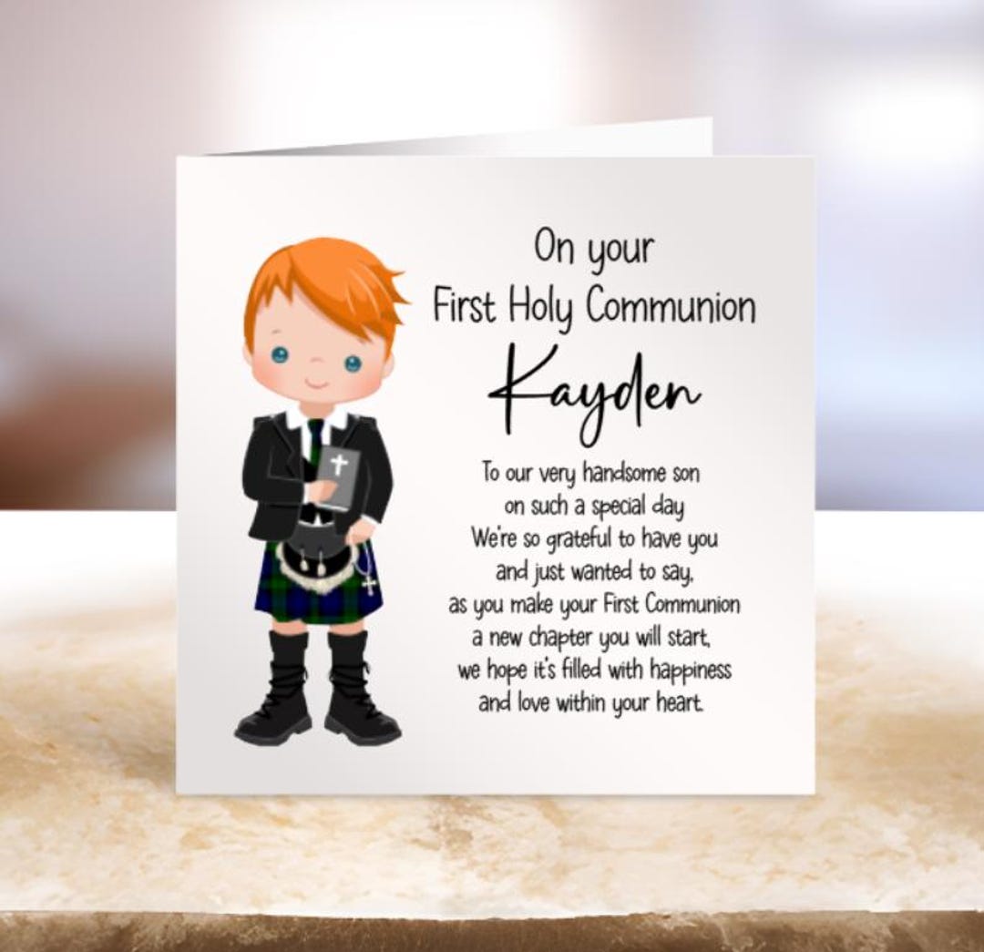 First Holy Communion Card – Son - Boy in Kilt - Personalised Card ...