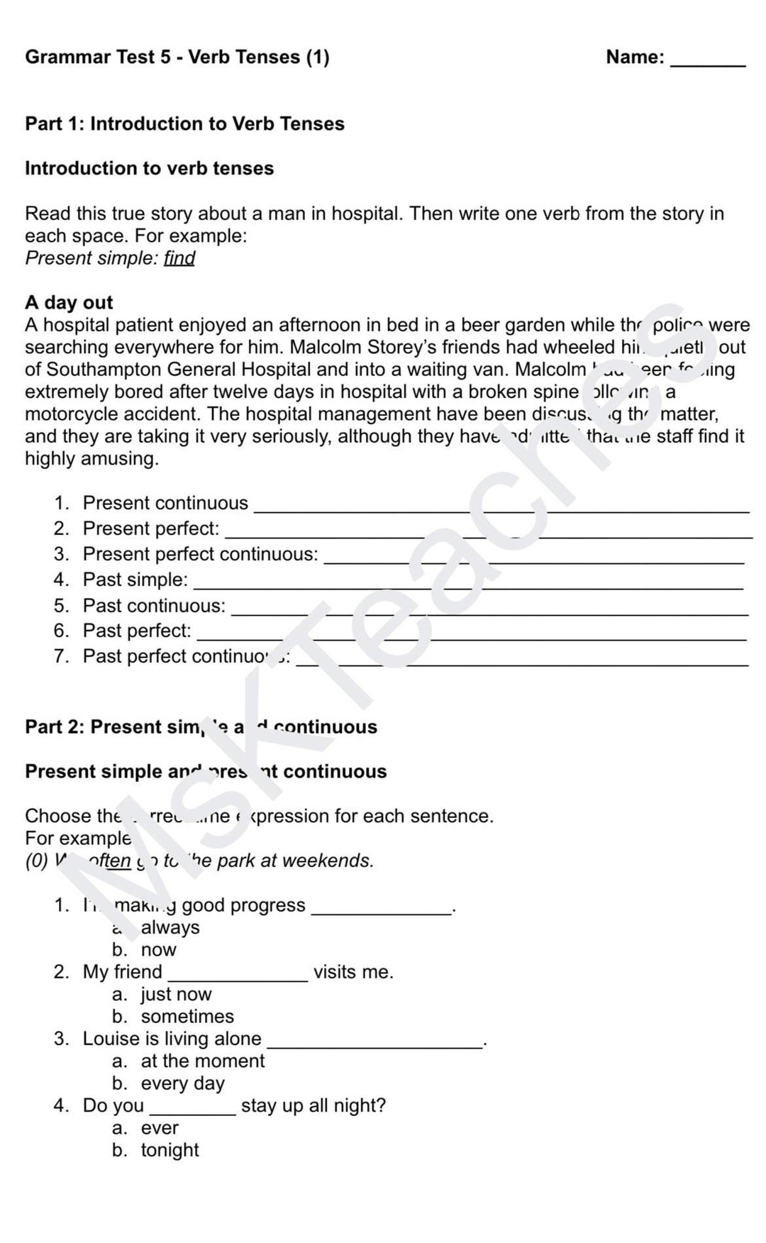 Grammar Test 5 - Verb Tenses 1 - Etsy