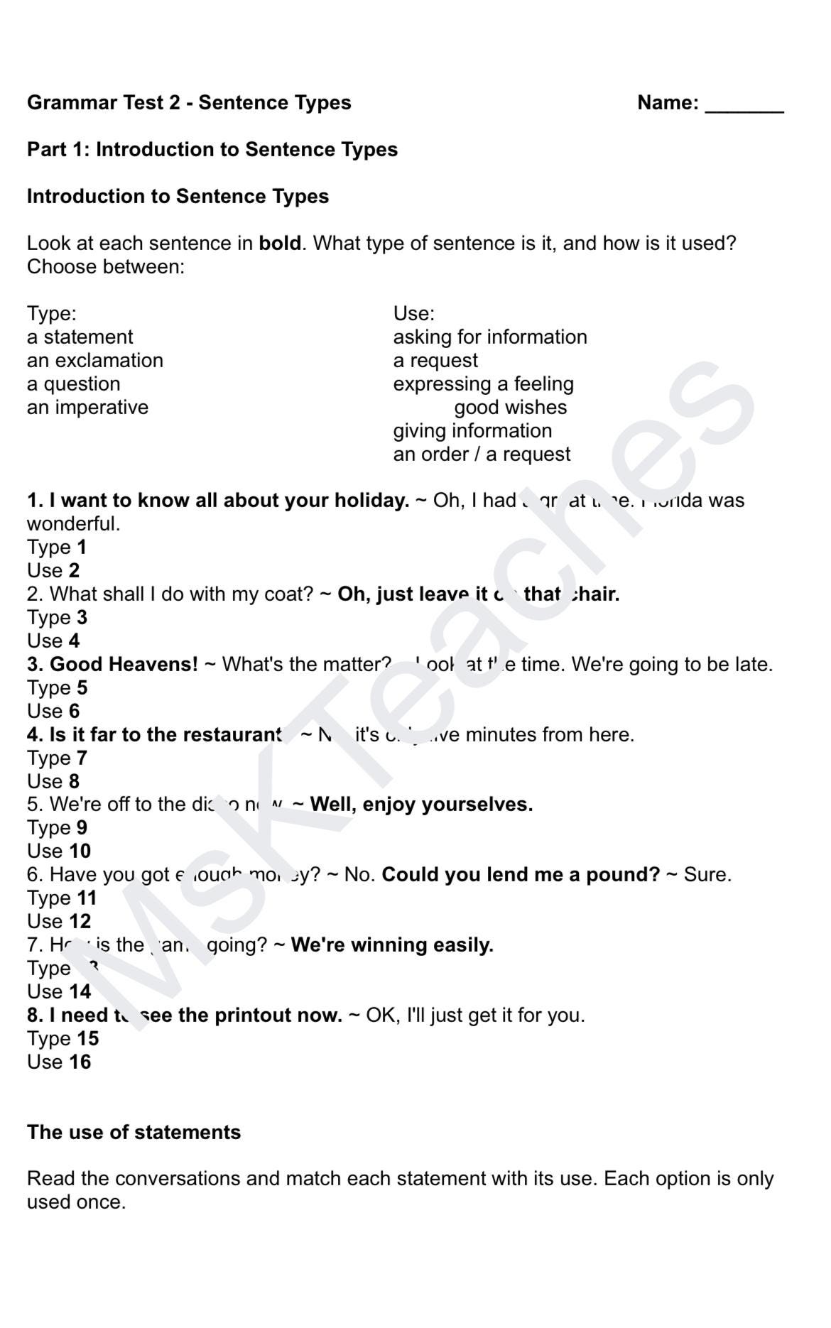 Grammar Test 2 - Sentence Types - Etsy