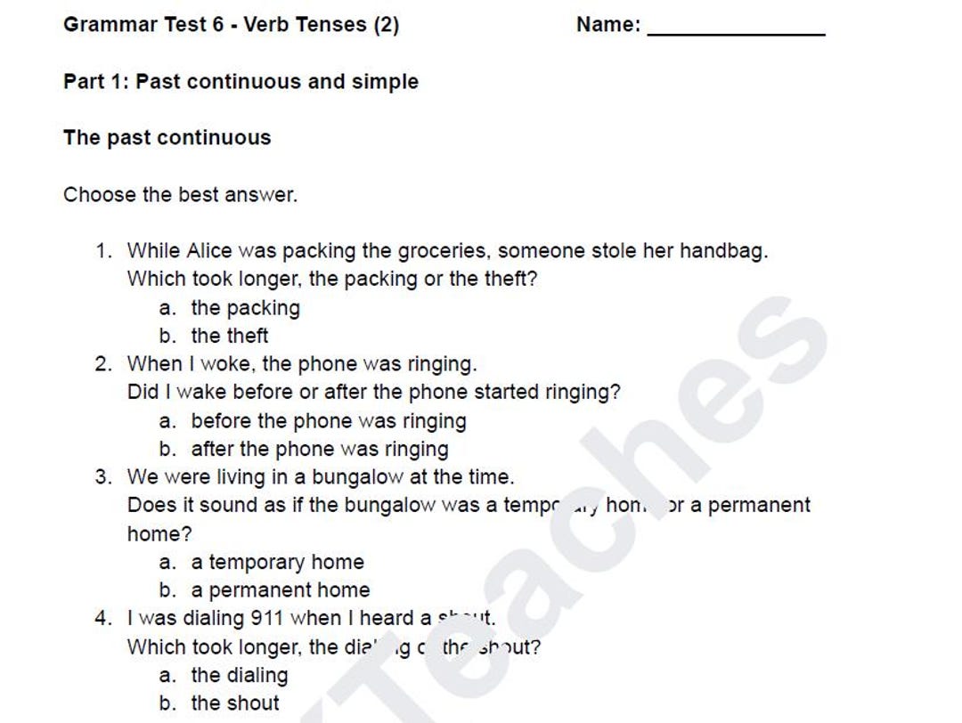 Grammar Test 6 - Verb Tenses 2 - Etsy
