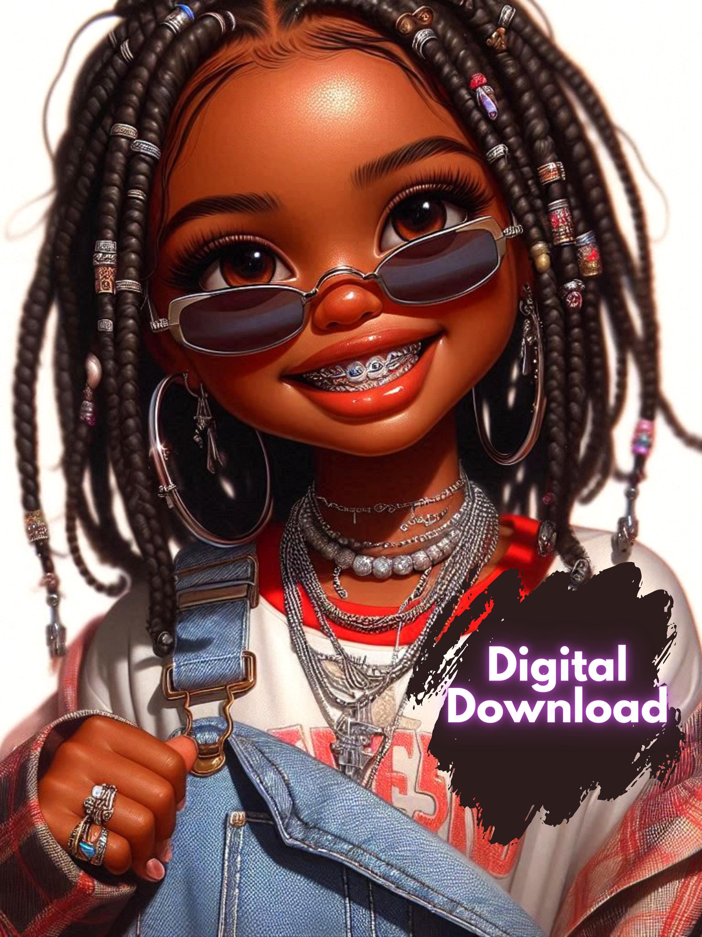 Adorable Chibi Melanin Queen | Retro Overalls and Sunglasses | Digital ...
