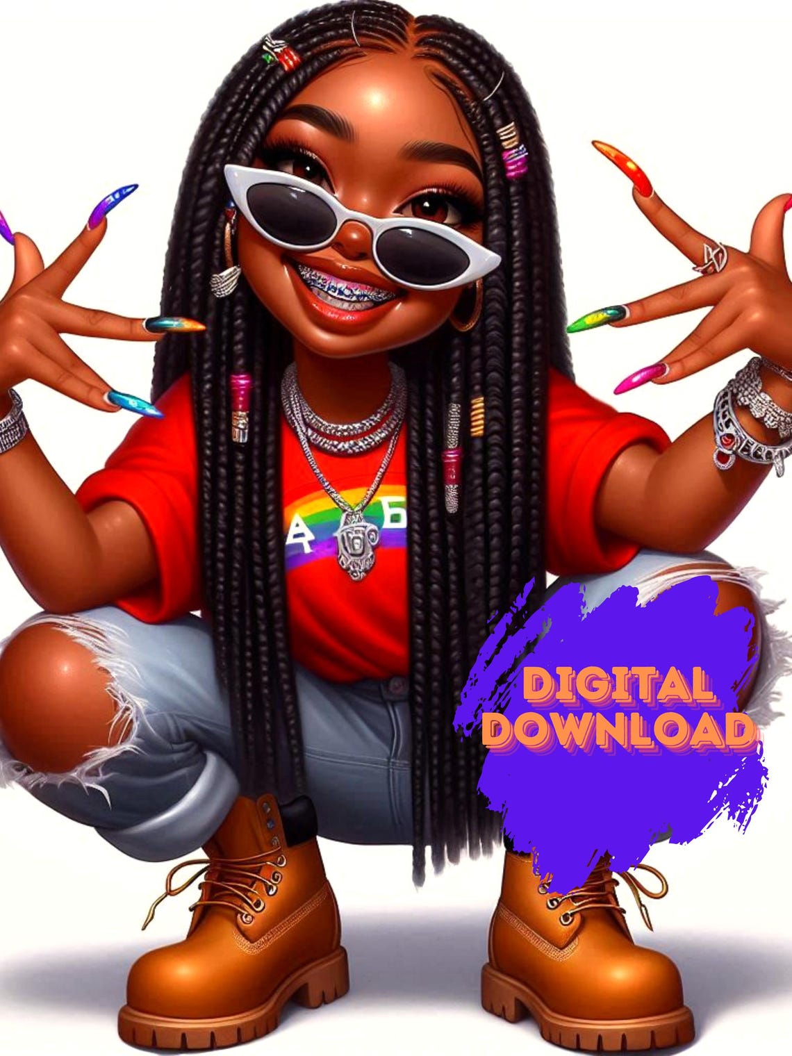 Fun and Funky Chibi Melanin Queen | Rainbow Nails and Braces | Digital ...