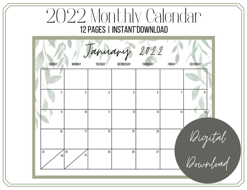 2022 Monthly Calendar, Printable Calendar, Greenery, Neutral, Instant ...