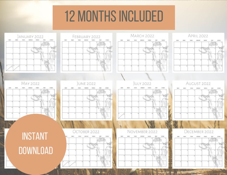 2022 Monthly Calendar, Printable Calendar, Farmhouse, Homestead, Cow ...