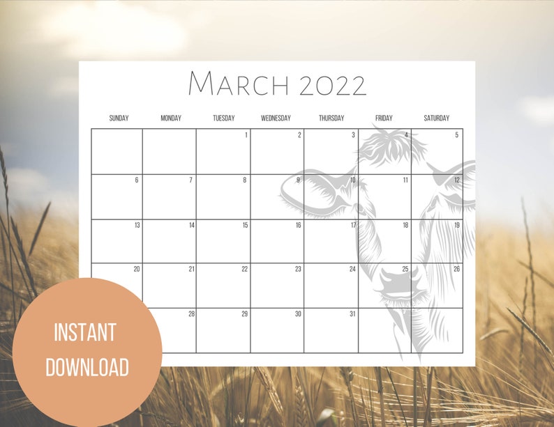 2022 Monthly Calendar, Printable Calendar, Farmhouse, Homestead, Cow ...