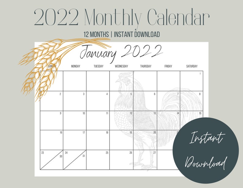 2022 Monthly Calendar Printable Calendar Chicken Farmhouse - Etsy