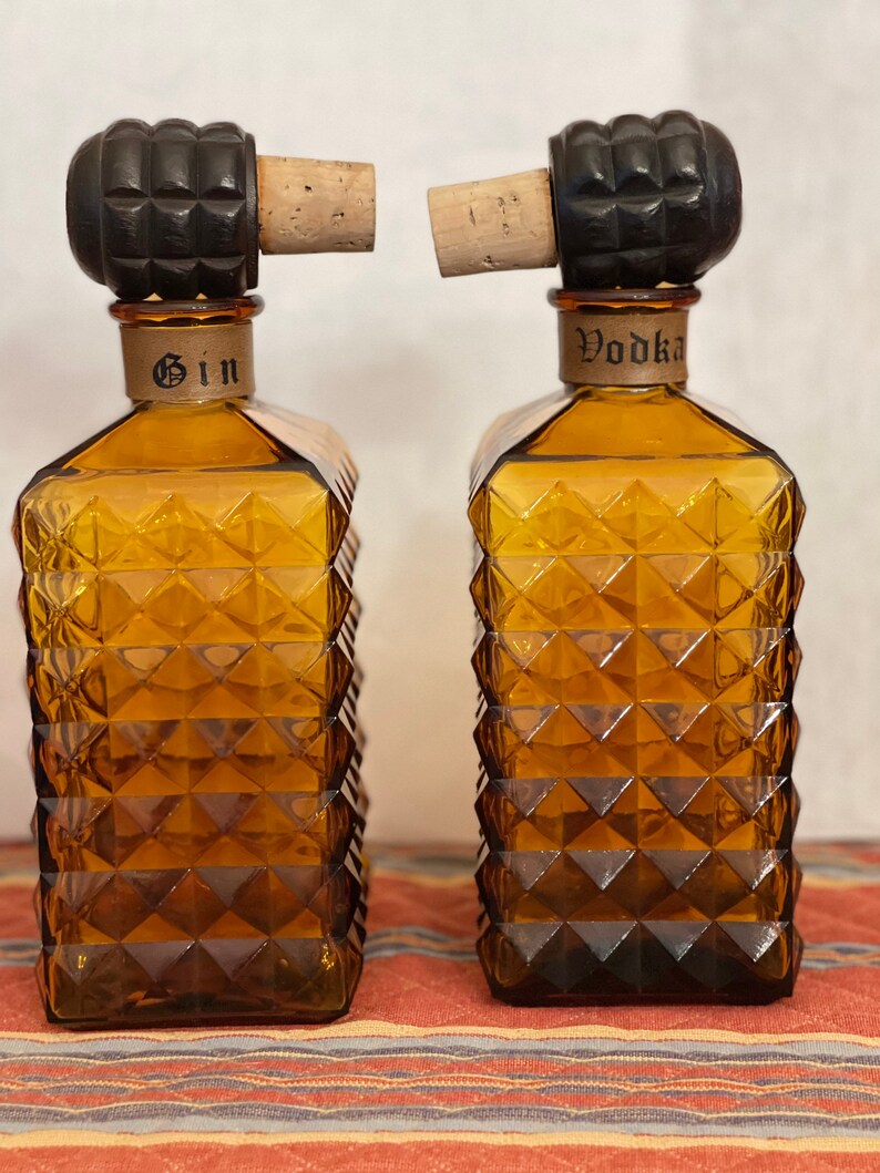 Vintage Amber Glass Decanters, Bar Caddy - Etsy