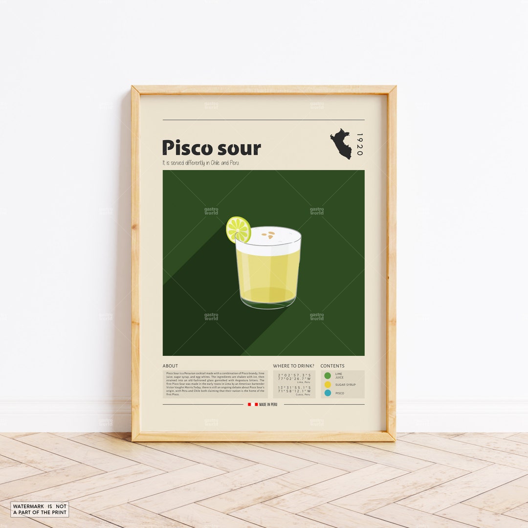 Pisco Sour Poster, Cocktail Print, Peru Poster, Retro Poster ...